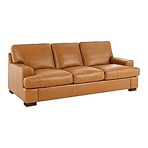 Naomi Home Siggy Genuine Leather Sofa - Luxurious Comfort, Goose Feather Cushion Filling, Square Arm Design, Sturdy Block Legs, Elegant Tan - Ideal for Living Room, Office, or Bedroom