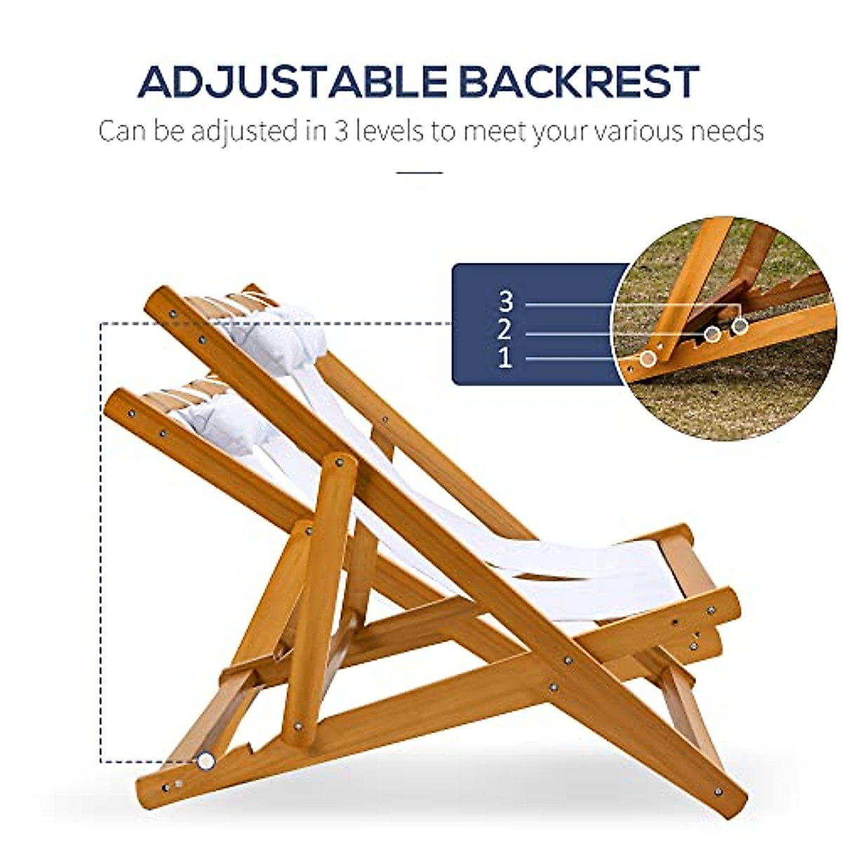 Outsunny 2-Person Sling Chair, Reclining Double Lounger for Patio, Beach, Camping, Lawn, Wood Folding Chair with Recliner Design for 2 Adults, Cream White