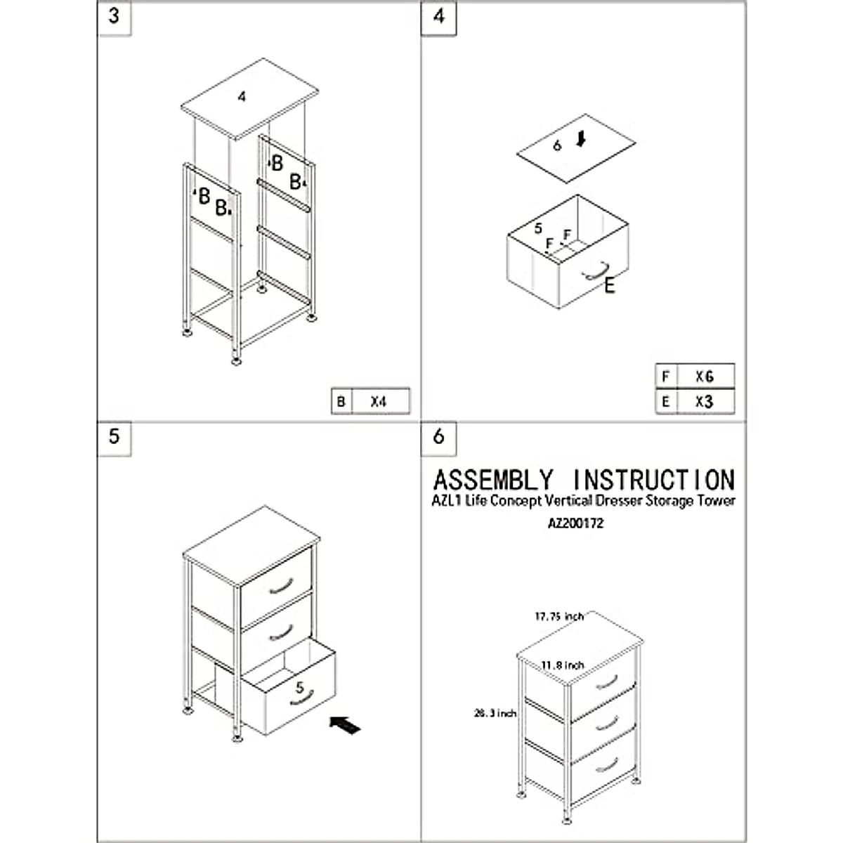 AZL1 Life Concept 3 Drawers Fabric Dresser Storage Tower, Organizer Unit for Bedroom, Closet, Entryway, Hallway - Light Grey