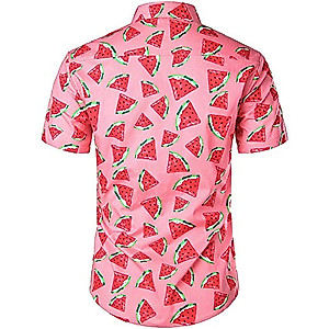 JOGAL Men's Fun Fruit Printed Short Sleeve Button Down Hawaiian Shirt Suits XX-Large Pink