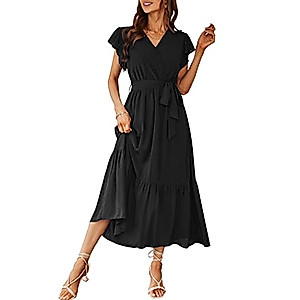 PRETTYGARDEN Women's 2023 Floral Boho Dress Wrap V Neck Short Sleeve Belted Ruffle Hem A-Line Flowy Maxi Dresses (Solid Black,Large)