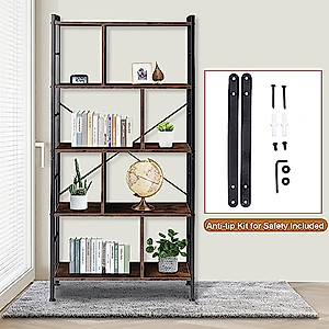 BETTAHOME Tall 5-Tier Bookshelf, 61'' Tall Open Book Shelf, Industrial Wooden Bookcase, Display Storage Organizer for Home Office, Bedroom, Living Room, Rustic Brown and Black