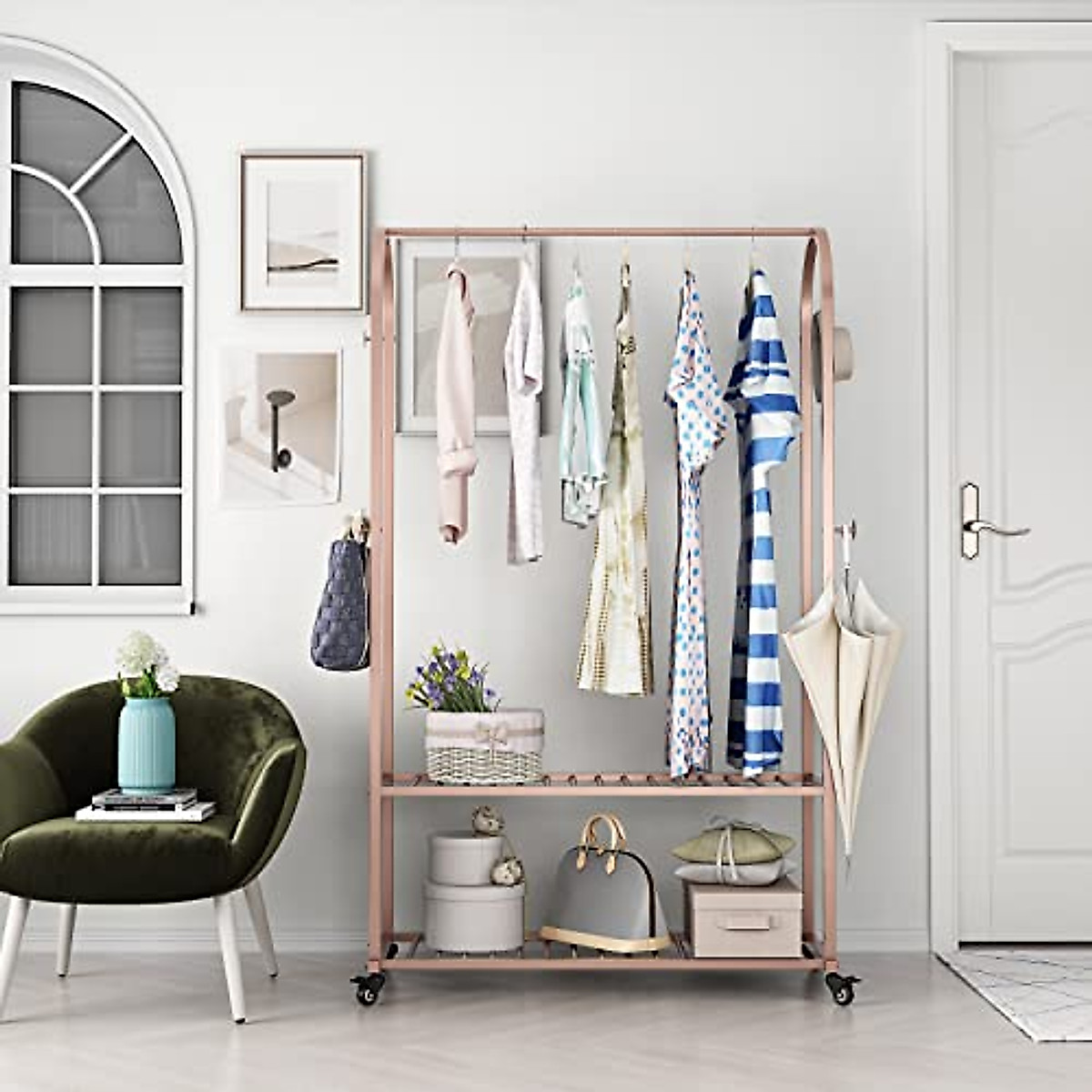Modern Clothing Rack on Wheels Gold Display Rack with 2-tier Shelf Metal Hanging Rack Gold Clothes Rack for Boutique, Retail or Home -rose gold