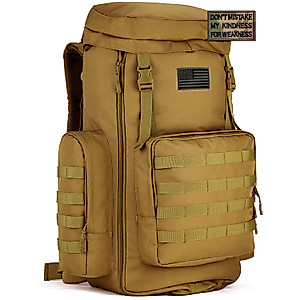 SunForMorning Large Tactical Hiking Daypack 70-85L Military MOLLE Assault Backpack Army Traveling Camping Pack Bug Out Bag Outdoor Rucksack (Rain Cover & 2 Patch Included), Brown