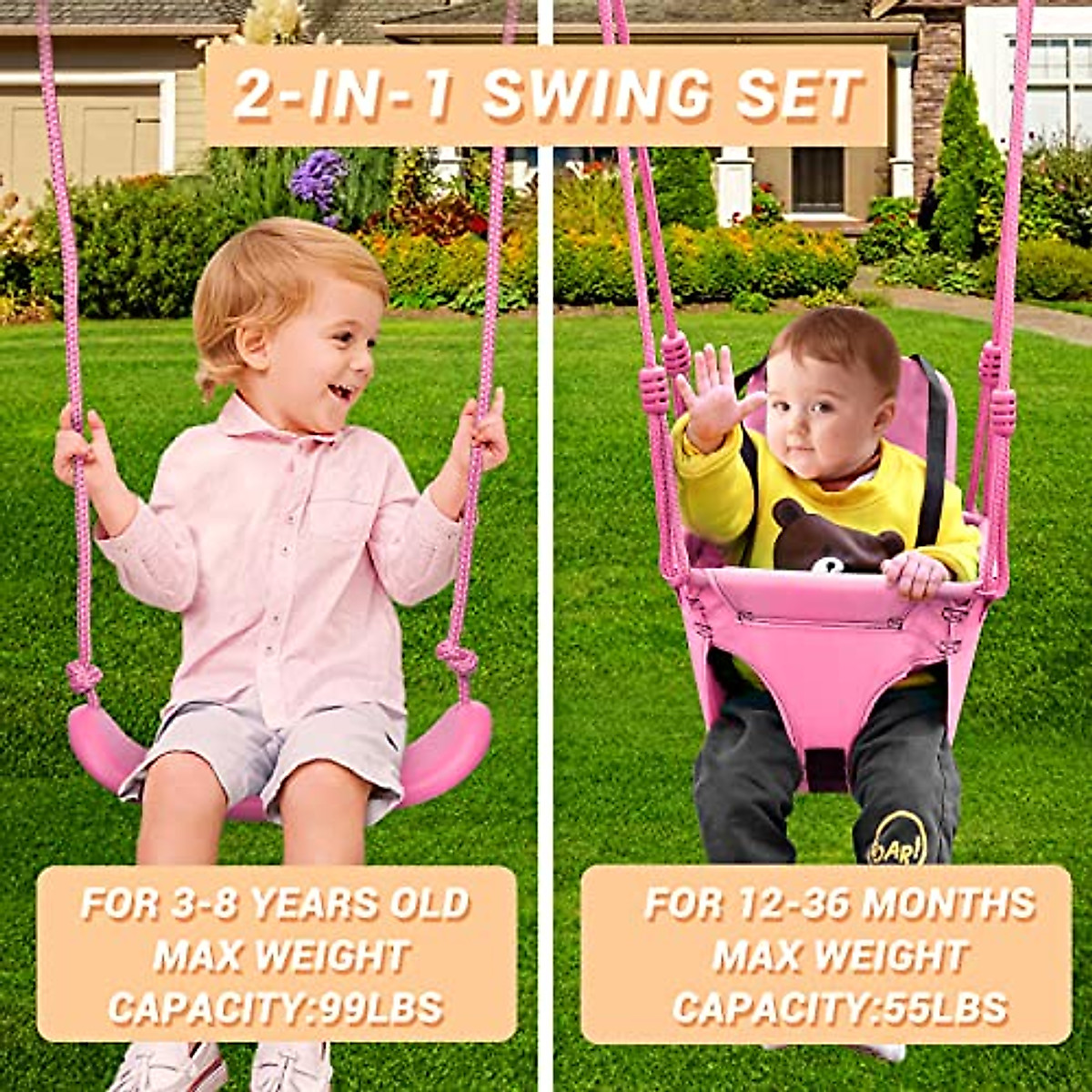 Kiriner Swing Set Outdoor Swings for Kids Toddlers with Waterproof Metal A-Frame, 4 Anchors, Two Swing Seats Swing Sets for Backyard Playground Pink&Blue