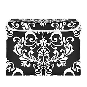 Kigai Storage Basket Black Damask Baroque Floral Storage Boxes with Lids and Handle, Large Storage Cube Bin Collapsible for Shelves Closet Bedroom Living Room, 16.5x12.6x11.8 In