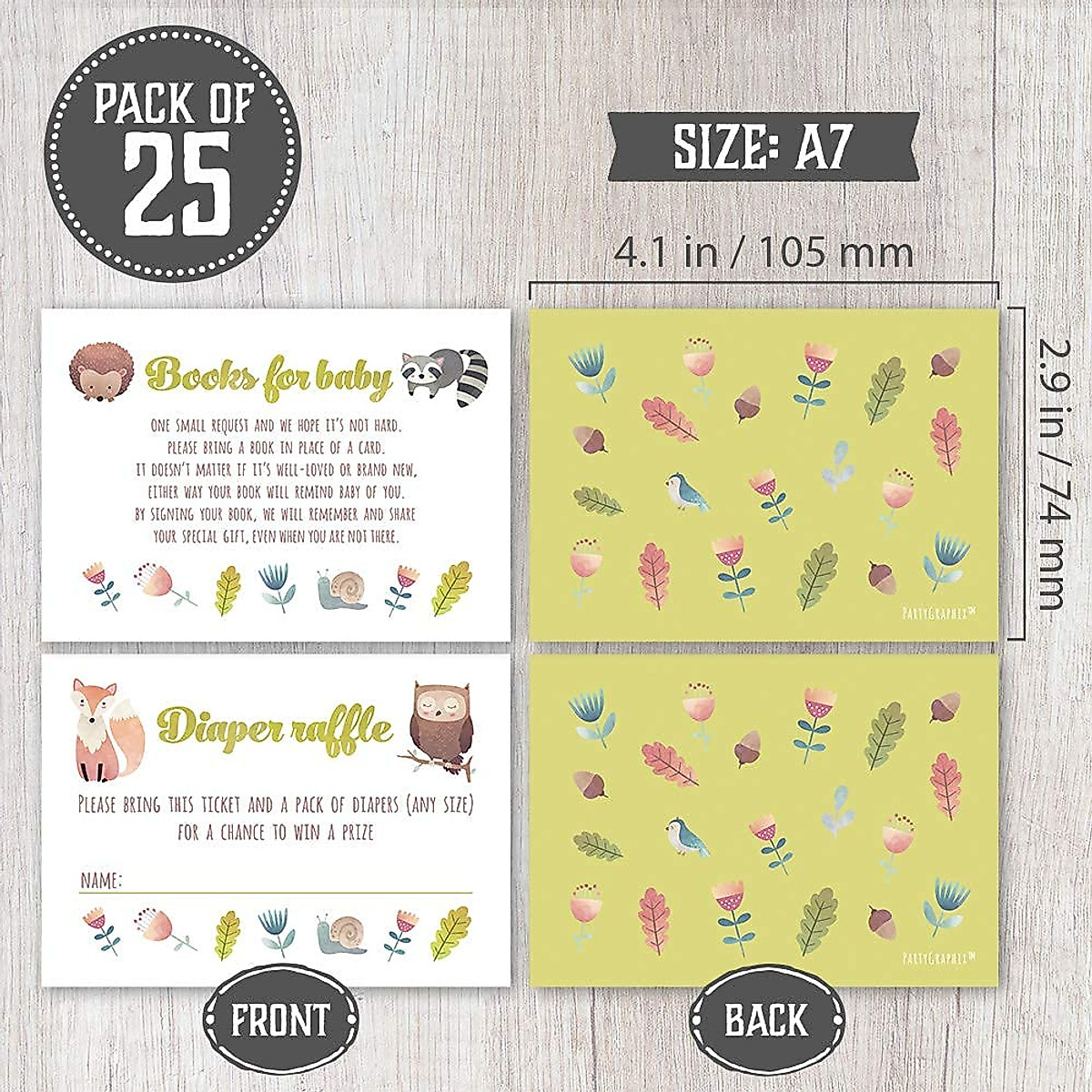 A Set of 25 Woodland Animals Baby Shower Invitations, Diaper Raffle Tickets and Baby Shower Book Request Cards with Envelopes. Gender Neutral Invites Perfect for Baby Boys and Baby Girls.