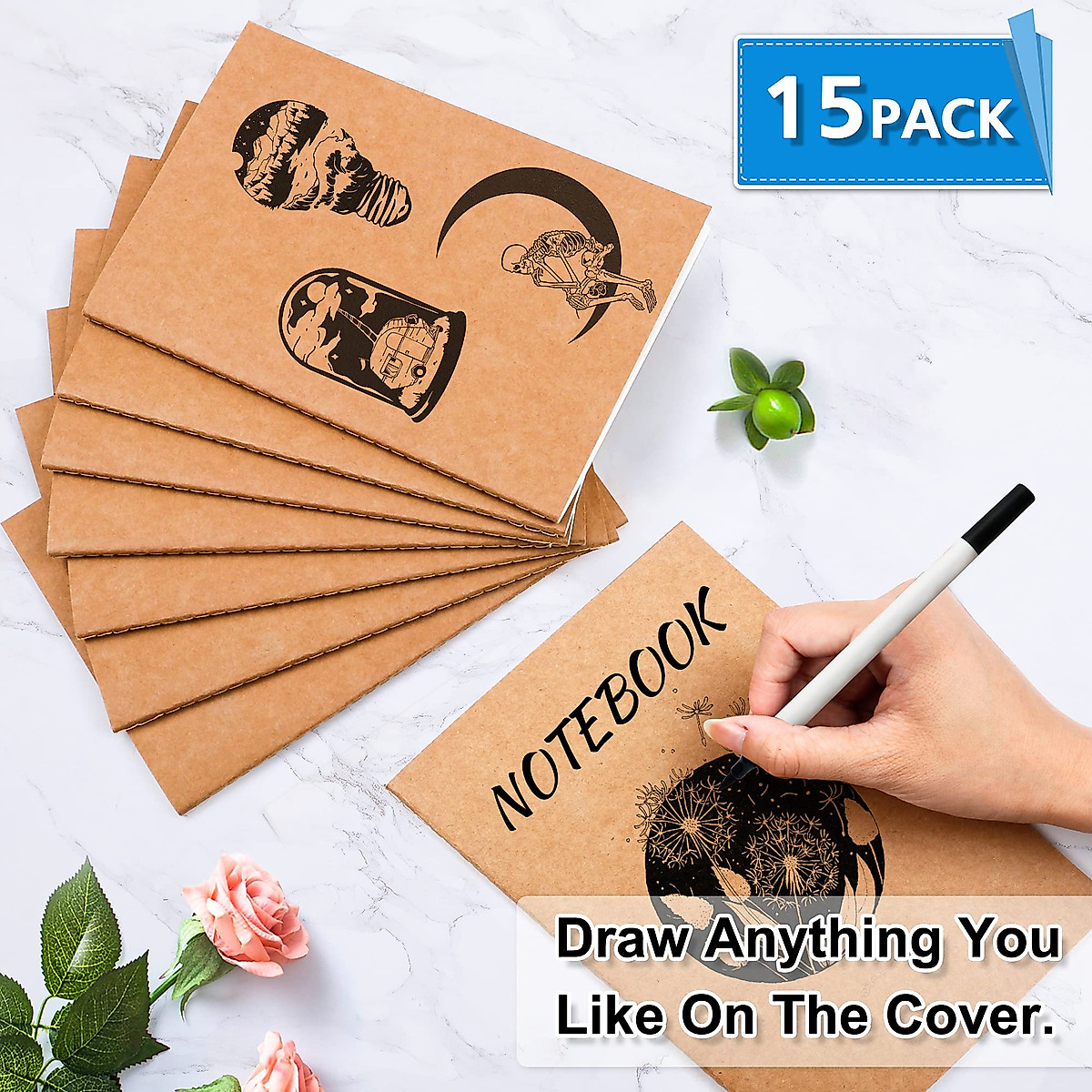 feela 15 Pack A5 Kraft Notebooks, 60 Lined Blank Pages Travel Journal Bulk, Soft Cover Notebooks for Women Girls Students, Making Plans Writing Memos Office School Supplies, 8.3 X 5.5 in