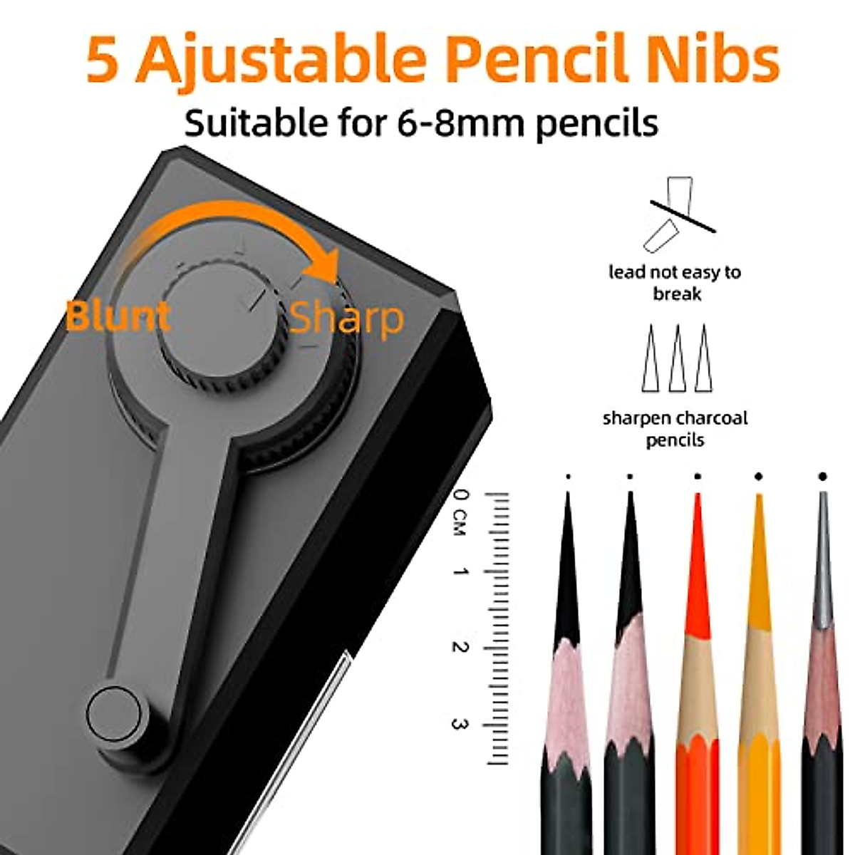 ZMOL Long Point Pencil Sharpener, Manual Pencil Sharpeners for Art,Drawing Pencil Sharpener for Artists，Suitable 6-8mm Sketching/Charcoal/Colored/Graphite/Prismacolor Pencils,5 Adjustable Pencil Nibs