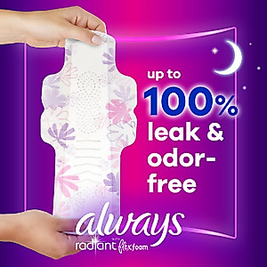 Always Radiant Flexfoam Pads for Women, Size 5, Extra Heavy Overnight Absorbency, With Wings, Scented, 18Count