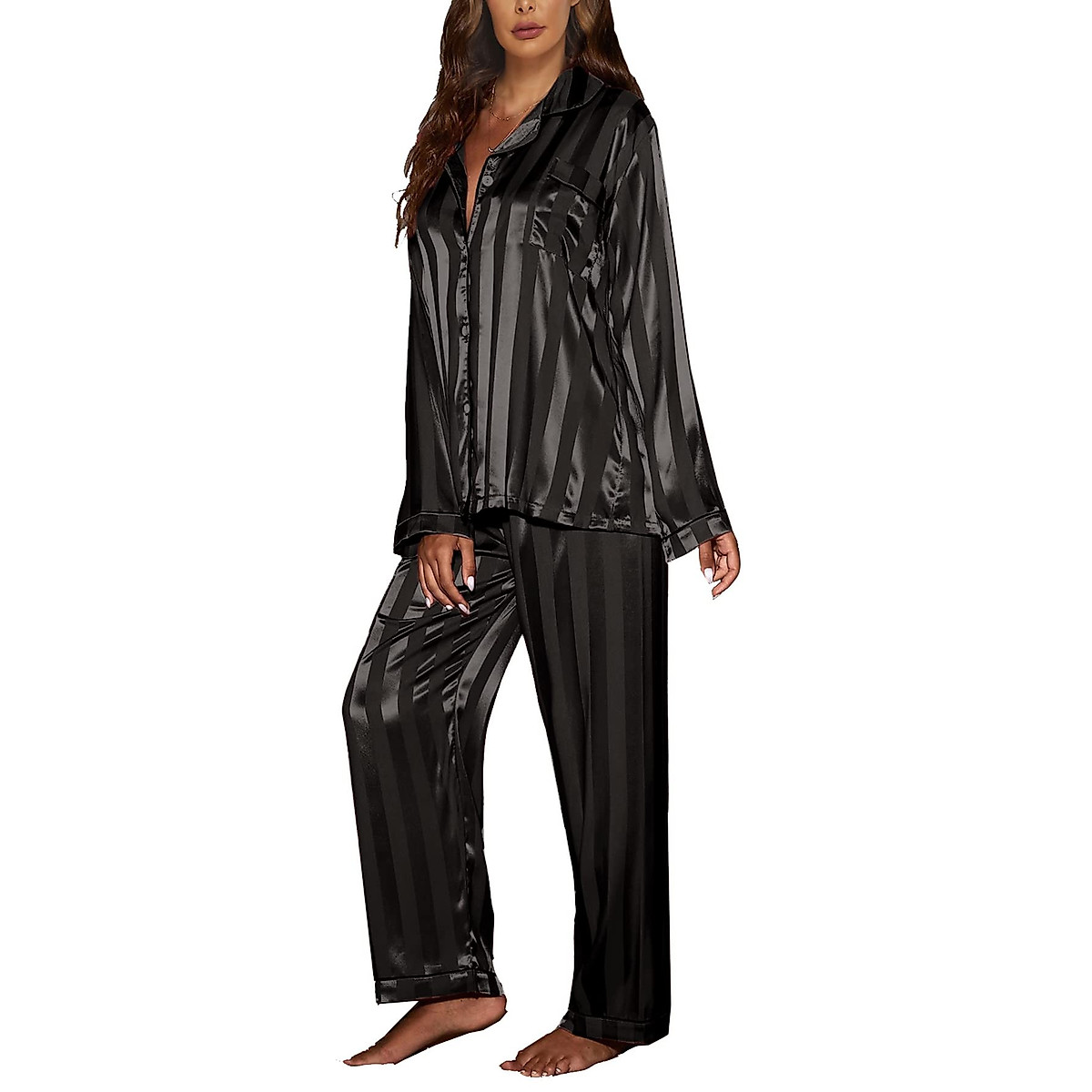 OPOIPIN Women's Silk Satin Pajamas Button Down Long Sleeve Top with Pants Sleepwear PJ Set Black Small
