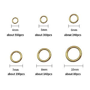 1500Pcs Mixed 6 Sizes Open Jump Rings,4mm 5mm 6mm 7mm 8mm 10mm Jump Ring Jewelry Keychain for Jewelry Making Accessories with 1Pcs Jump Ring Open/Close Tool and 1Pcs Storage Box (Gold)