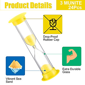24 Pcs 3 Minute Timer 3 Minutes Sand Timer Kids Timer 3 Mins Timer for Classroom Acrylic Covered Hourglass Clock Toothbrush Sand Timer for School