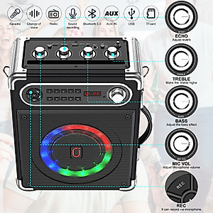 JYX Karaoke Machine with Two Wireless Microphones, Portable Bluetooth Speaker with Bass/Treble Adjustment, PA System with Remote Control, LED Lights,Supports TF Card/USB, AUX IN, FM, REC,TWS for Party