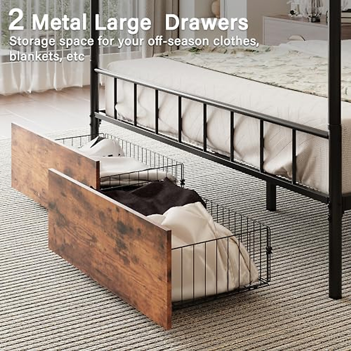 LIKIMIO Canopy Bed Frame Full with Wooden Headboard and Drawer, Full Size Bed Frame with 4 Removable Sturdy Posts, Noise Free, No Box Spring Needed, Vintage Brown