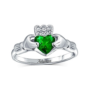 BFF Celtic Irish Friendship Promise AAA CZ Green Simulated Emerald Hands & Heart Claddagh Ring For Women Teens .925 Sterling Silver