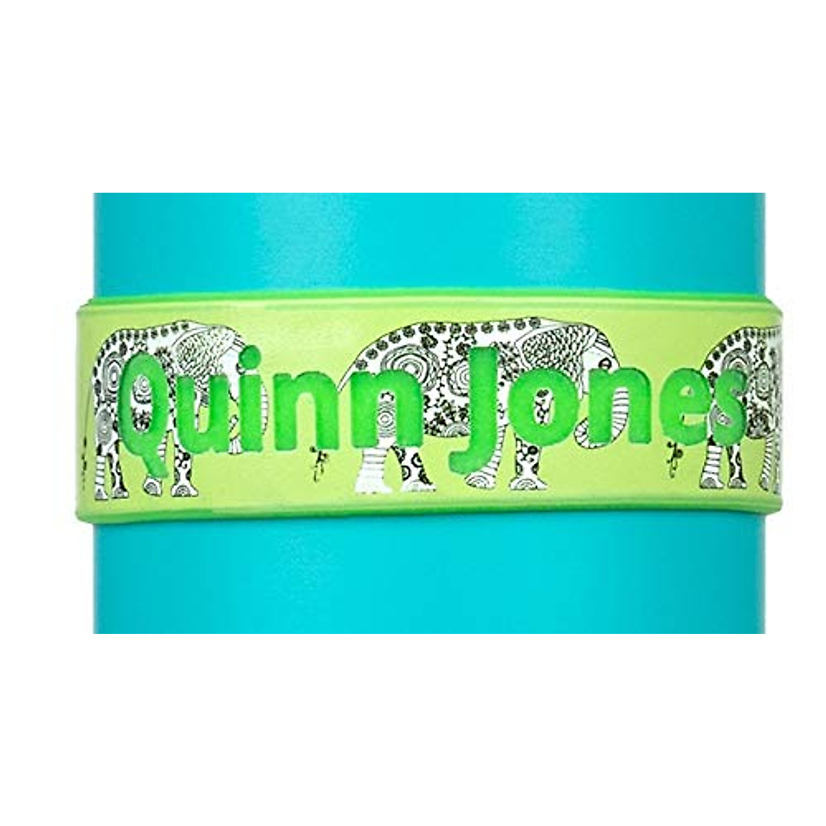 Custom Bottle Labels - 3 Pack - Silicone Bands for Baby Bottles, Kids Tumblers, Water Flasks - Personalized Pre-Printed Name, Waterproof School and Daycare Drink Identifiers - Green Elephants