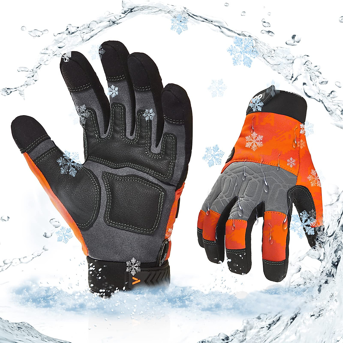 Vgo... 0°C/32°F Winter 3M Thinsulate Lined Work Gloves,Waterproof Work Gloves,Cold Storage,Freezer Use(M,Orange,SL7716FW)