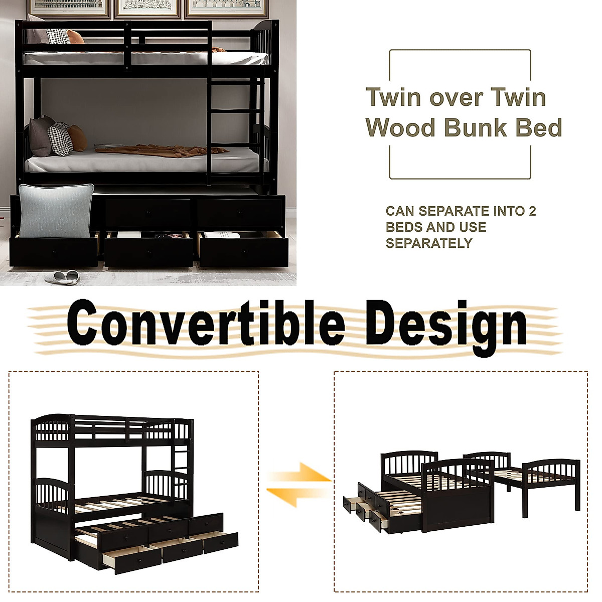 Harper & Bright Designs Wood Bunk Beds Twin Over Twin with Trundle and Storage Drawers Hardwood Bunk Bed Frame for Adults Kids Boys Girls Teens, (Espresso)
