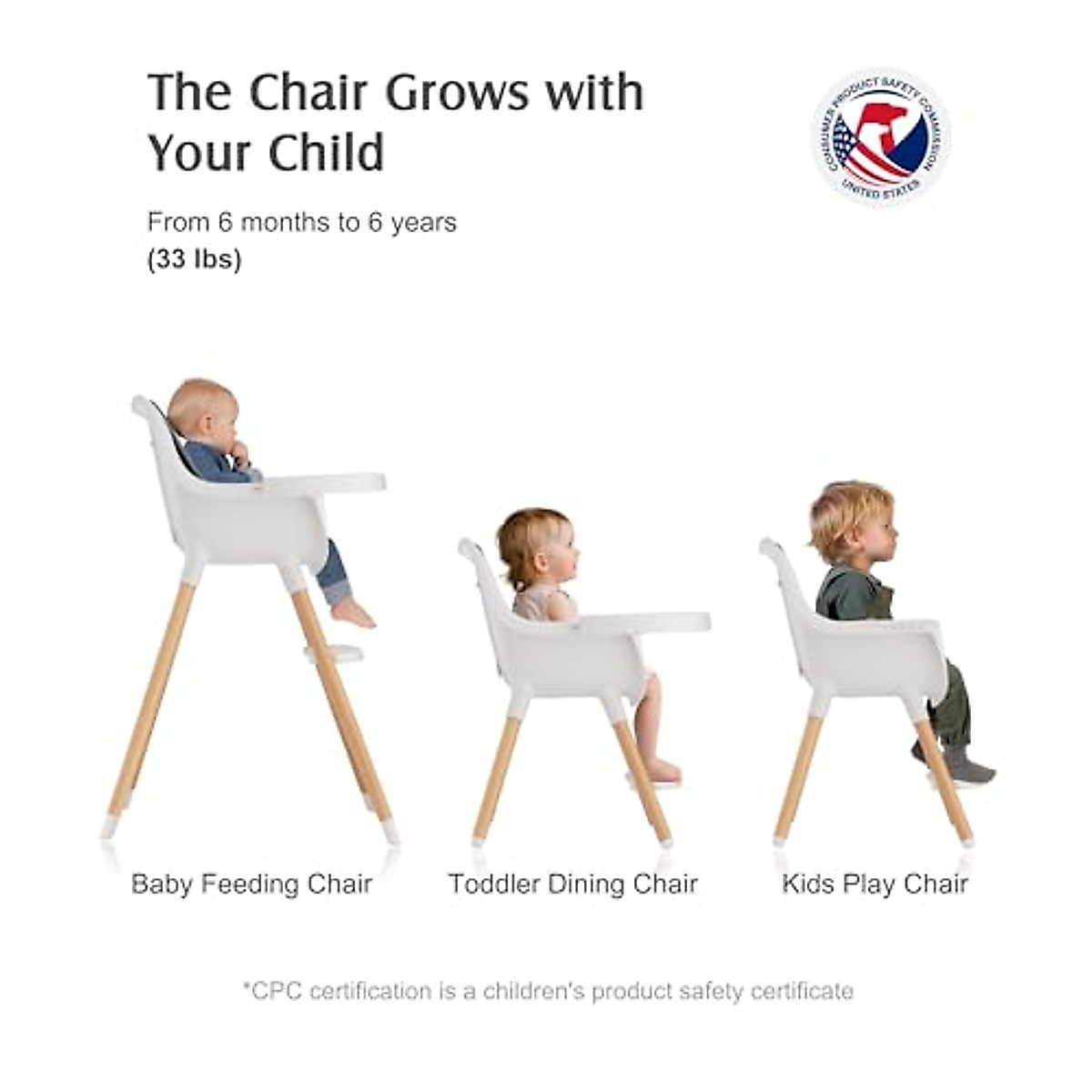 Convertible Baby High Chair, 3-in-1 Wooden Highchair/Toddler Chair with Removable Tray, Feeding & Dining Chair with 5-Point Harness, PU Cushion, Footrest for Babies & Toddlers, Dark Gray