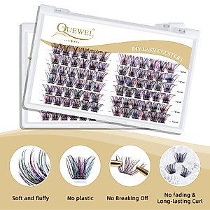 QUEWEL Cluster Lashes 72 Pcs Wide Stem Colored Eyelash Clusters Mixed Colors Lashes Clusters+ C/D Curl 8-16mm Length DIY Eyelash Extension False Eyelashes Natural&Mega Styles