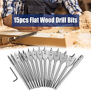 15-Piece Spade Drill Bit Set, 6‑25mm Paddle Flat Bits for Hole Cutter Woodworking, 1/4'' Hex Quick Change Shank Carbon Steel Woodworking Drilling Tools with 6'' Drill Bit Extension