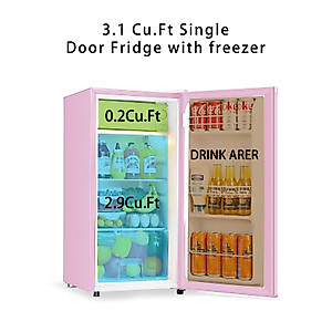 Seaoola Mini Fridge with Freezer, Single Door 3.1 Cu.Ft, Compact Mini Refrigerator, LED Light, Adjustable Thermostat, Removable Glass Shelves, Small Refrigerator for Dorm/Office/Bedroom(Pink)