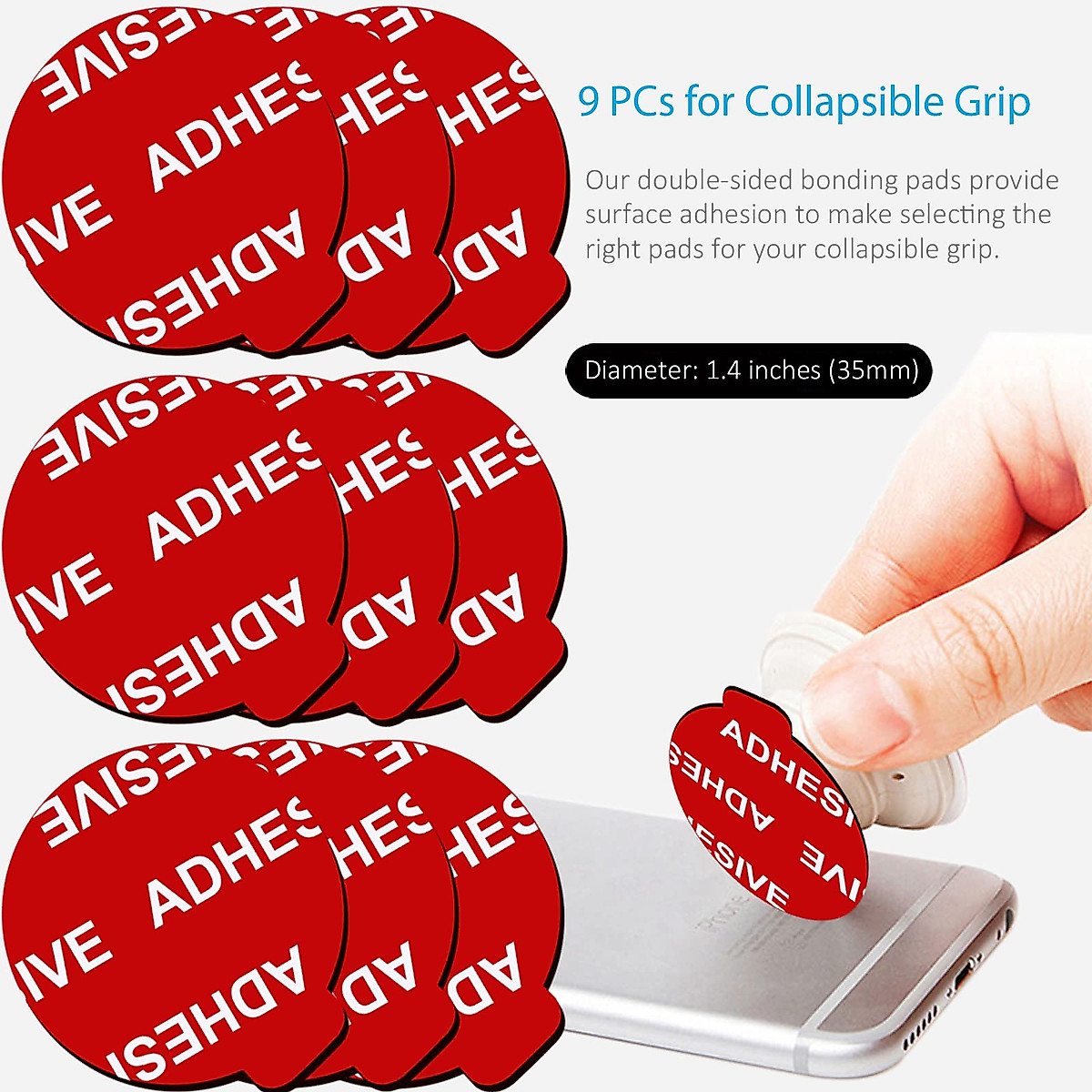 PKYAA 9 Pack Sticky Adhesive Compatible with Socket Base, Double-Sided Replacement Tape for Collapsible Grip & Stand Back - 9pcs 1.4 inches(35mm) Adhesive Tapes