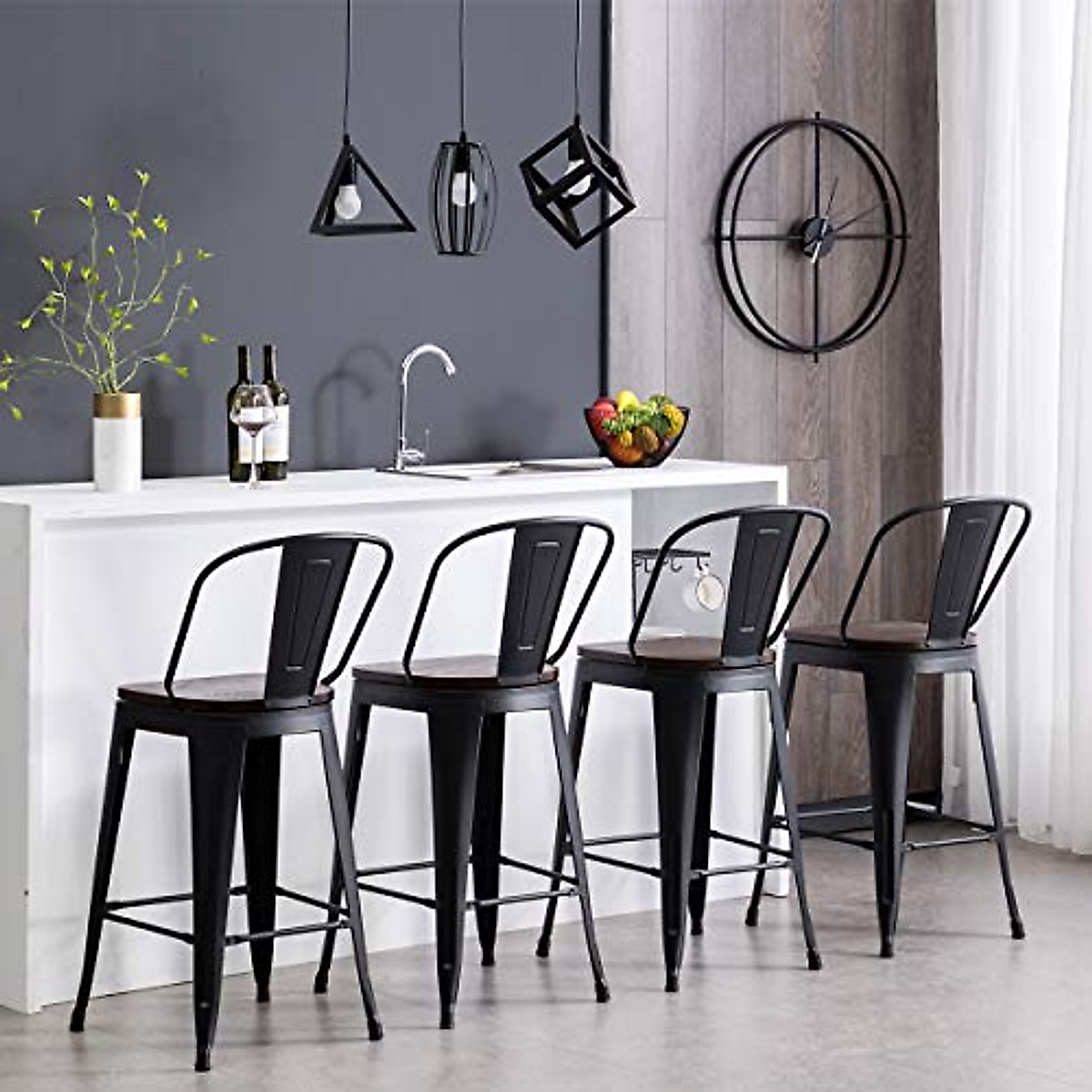 HAOBO Home 24" High Back Barstools Metal Stool with Wooden Seat [Set of 4] Counter Height Bar Stools, Matte Black