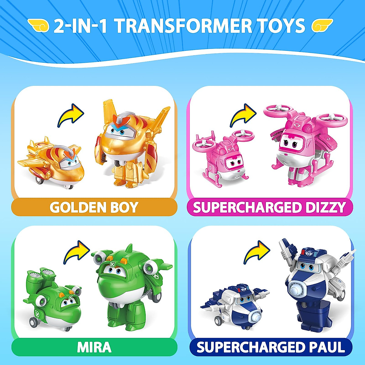 Super Wings 2" Transform-a-Bot 4-Pack, Supercharged Paul, Dizzy, Golden Boy, Mira, Airplane Toys Mini Action Figures, Preschool Toys for 3 4 5 Year Old Kids, Transformer Toys Birthday Gifts for Kids