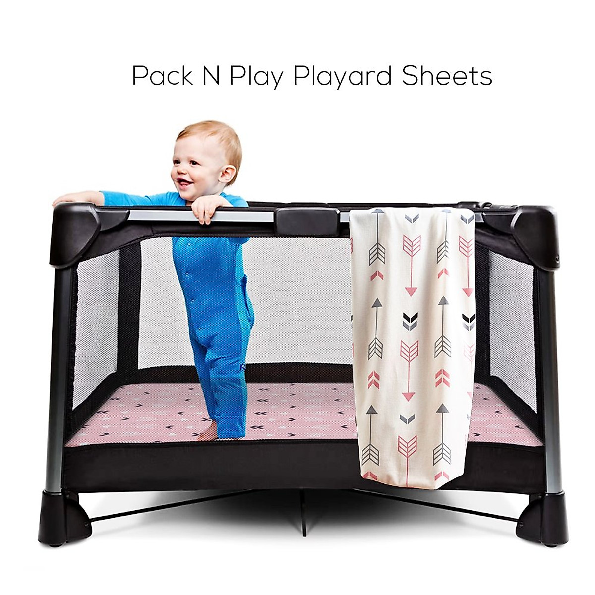 Stretchy Fitted Pack n Play Playard Sheet Set BROLEX 2 Pack Portable Mini Crib Sheets,Convertible Playard Mattress Cover,Ultra Soft Material,Pink White Arrow