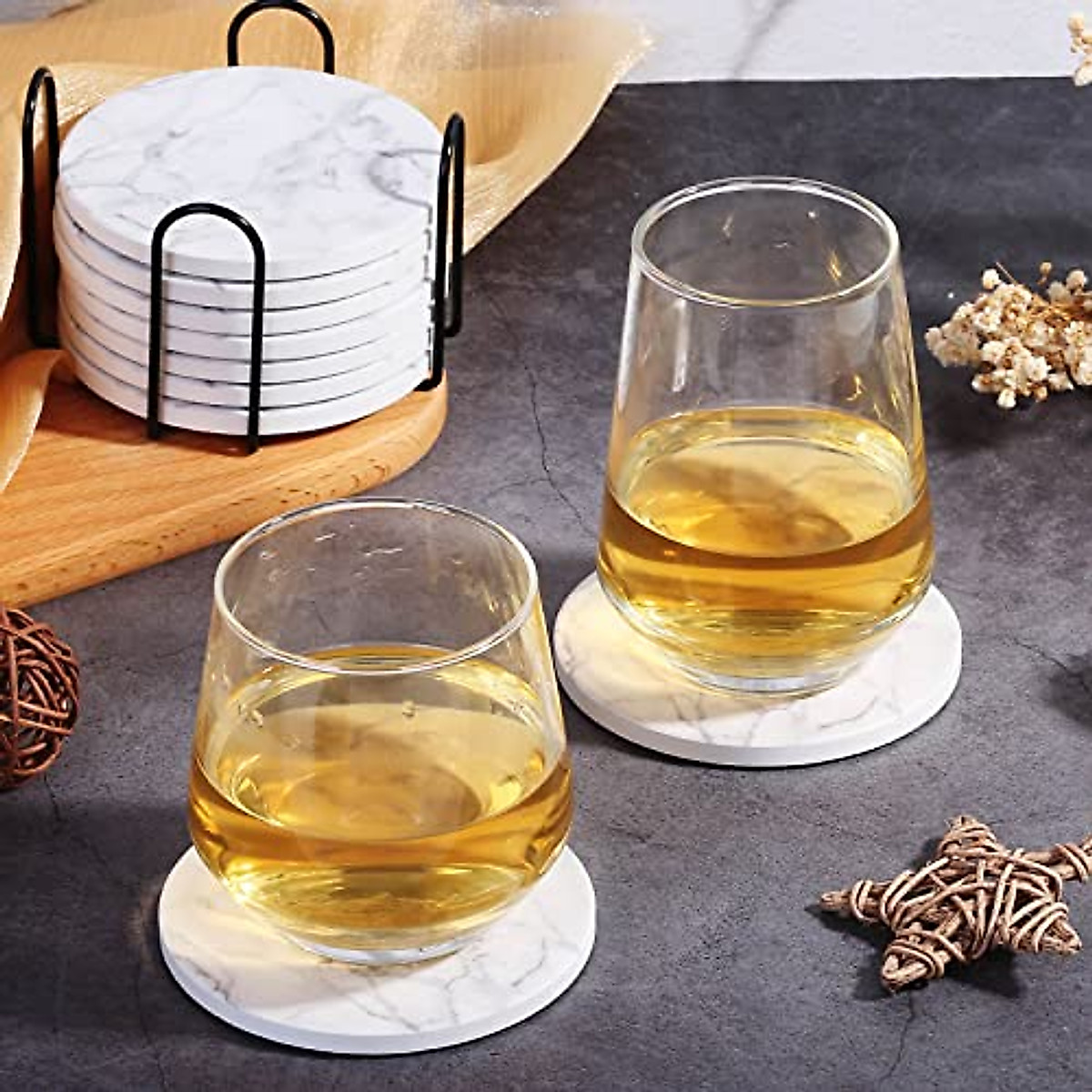 9 Pieces Ceramic Coasters for Drinks with Holder, Billbotk Absorbent Drink Coasters for Coffee Table, Marble Style Coasters Wooden Table, Suitable for Kinds of Cups, 4 Inches