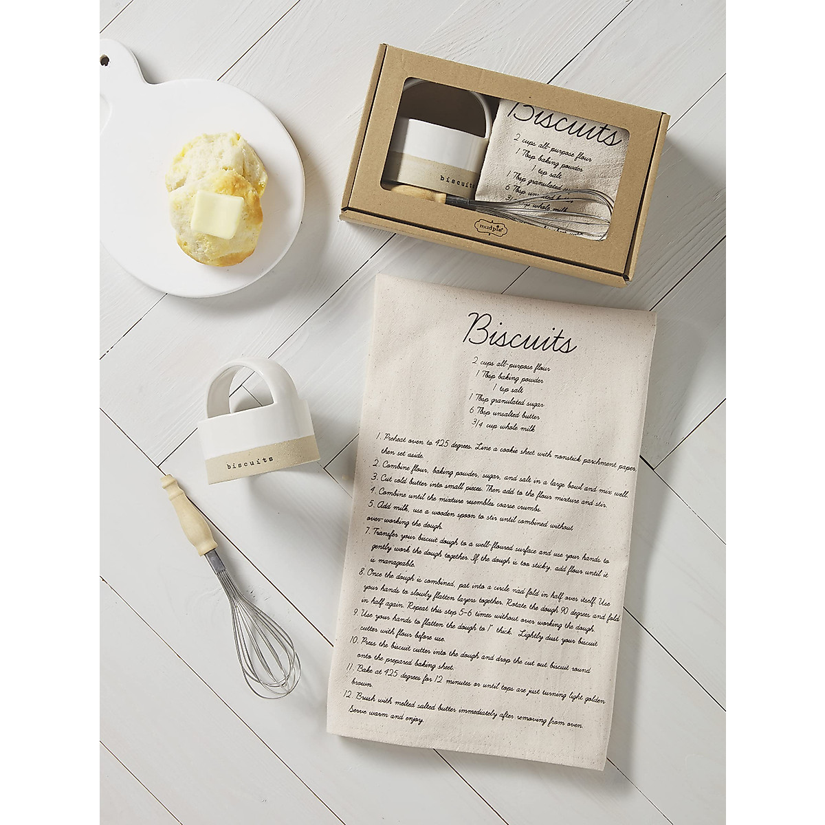 Mud Pie 41540016, towel 26" x 16 1/2" | whisk 7" | cutter 3 1/4" dia Boxed Biscuit Baking Set, Tan