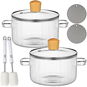 Tioncy 2 Pcs Clear Glass Pots for Cooking on Stove 1.3 L 44 oz Glass Saucepan with Lid Handle Simmer Pot Handmade Cookware Borosilicate Glass Cooking Pot with Brushes and Silicone Mats (Ribbed)