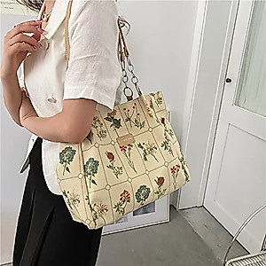 Botanical Tote Bag for Women Leather and Canvas Splicing Tote Bag Cottagecore Aesthetic Tote Bag Flowers Plants (Beige)