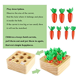 LOOJOY Wooden Toddlers Carrots Toys Shape Size Sorting Matching Puzzles Gripping Action Carrot Harvest Game for Fine Motor Skill