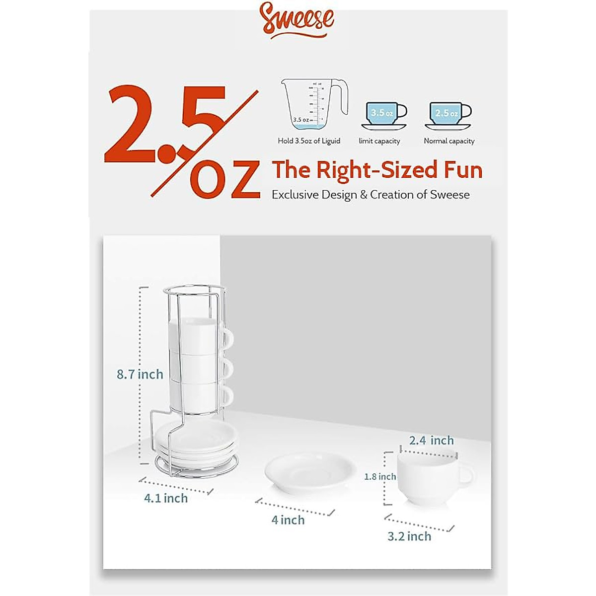 Sweese 2.5 Ounce Porcelain Stackable Espresso Cups with Saucers and Metal Stand Set of 4, White