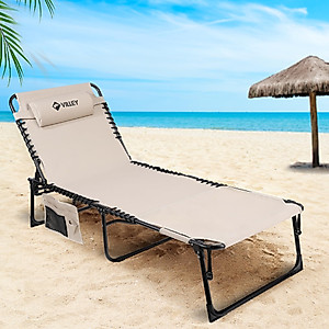 VILLEY Oversized Chaise Lounge Chair with Face Hole, Portable Tanning Chair, Adjustable Reclining Beach Chair, Outdoor Heavy-Duty Folding Sunbathing Chair for Outside Patio Lawn Beach Pool