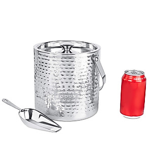 BirdRock Home Ice Bucket with Scoop & Lid - 2.8 Liter Hammered 18/8 Stainless Steel Container for Bar - Double Wall Insulated Bucket with Carrying Handle - Great for Parties - (Silver)