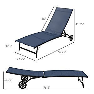 Outsunny Chaise Lounge Outdoor, 2 Piece Lounge Chair with Wheels, Tanning Chair with 5 Adjustable Positions for Patio, Beach, Yard, Pool, Dark Blue