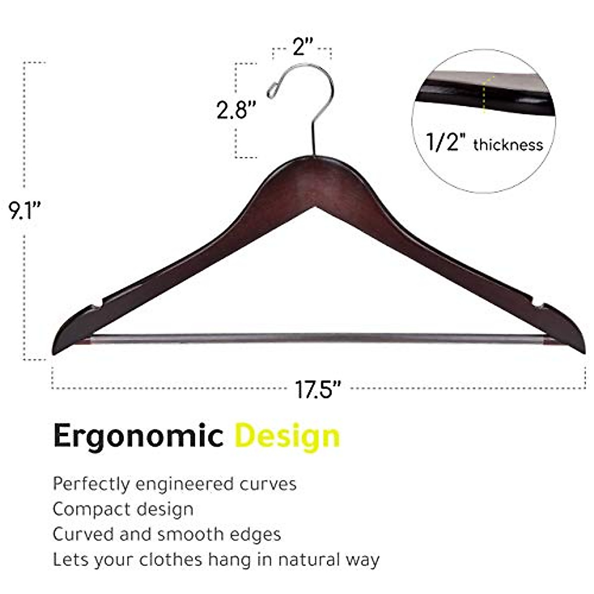 Quality Wooden Hangers - Slightly Curved Hanger 20 Pack Sets - Solid Wood Coat Hangers with Stylish Chrome Hooks - Heavy-Duty Clothes, Jacket, Shirt, Pants, Suit Hangers (Walnut/Retro, 20)
