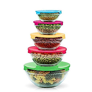 Stackable Glass Lunch Bowls/Multi Purpose Food Containers with Multi Color Lids - 5 Piece Set