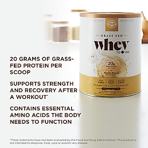 Solgar Whey To Go Whey Protein Powder, Vanilla - 33 oz - Grass-Fed Protein with L-Glutamine & BCAAs - rBGH Free, Gluten Free & Non-GMO - 36 Servings