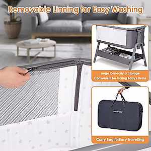 Beberoad Love Baby Bassinet Beside Sleeper for Baby, Lightweight Portable 6 Heights Adjustable Beside Crib Baby Bed Cradle for Newborns Infants with Mattress Wheels Storage Basket Travel Bag Dark Grey