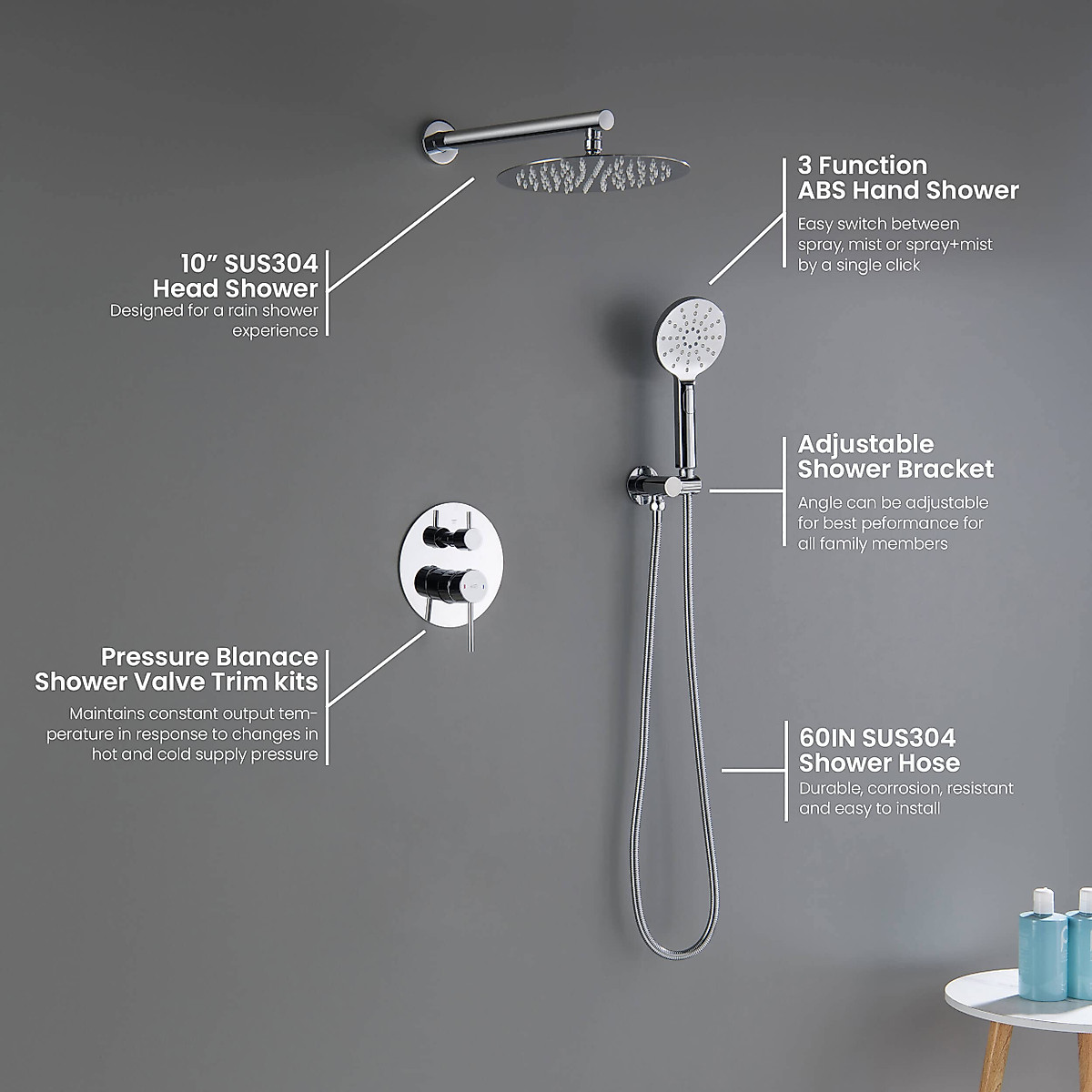 KIBI 2-Function Wall Mounted Circular Bathroom Shower System | Solid Brass Pressure Balanced Shower Faucet Set with High Flow Showerhead and Handheld Spray for Bathroom (Chrome, KSF403)