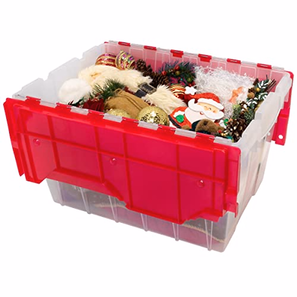 Akro-Mils 6648612-Gallon Plastic Stackable Storage KeepBox: Tote Container with Attached Hinged Lid, 21-1/2-Inch x 15-Inch x 12-1/2-Inch, Clear/Red