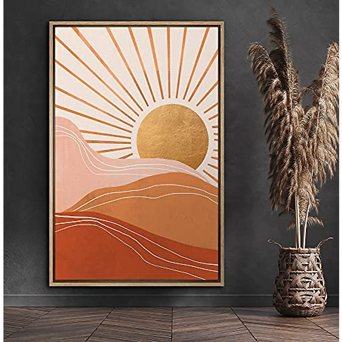 SIGNFORD Framed Canvas Print Wall Art Shining Sun Over The Orange & Red Hills Abstract Wilderness Digital Art Modern Art Rustic Scenic Multicolor for Living Room, Bedroom, Office - 24"x36" Natural