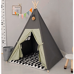 TreeBud Teepee Tent for Kids Stripe Padded Mat Foldable Dark Tone Grey Play Tents for Girl and Boy with Carry Case Wooden Pole Printing Canvas Tepee Playhouse for Child Indoor Outdoor