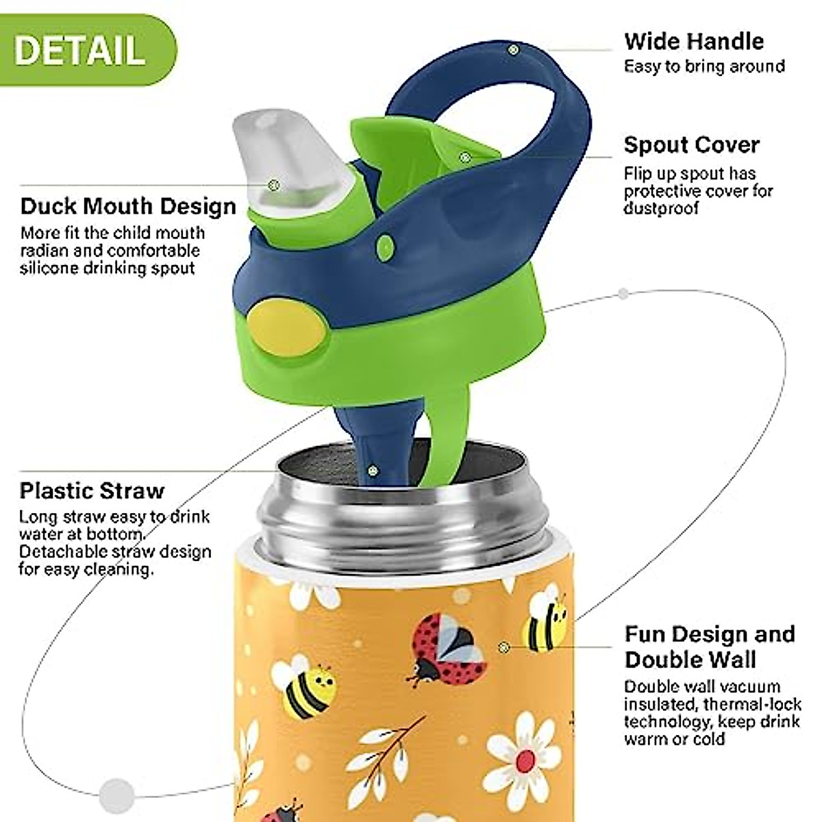 Kcldeci Insulated Water Bottle with Straw for Sports and Travel Cute Bees Ladybug Sports Water Bottles Keep Cold for 24 Hours and Hot