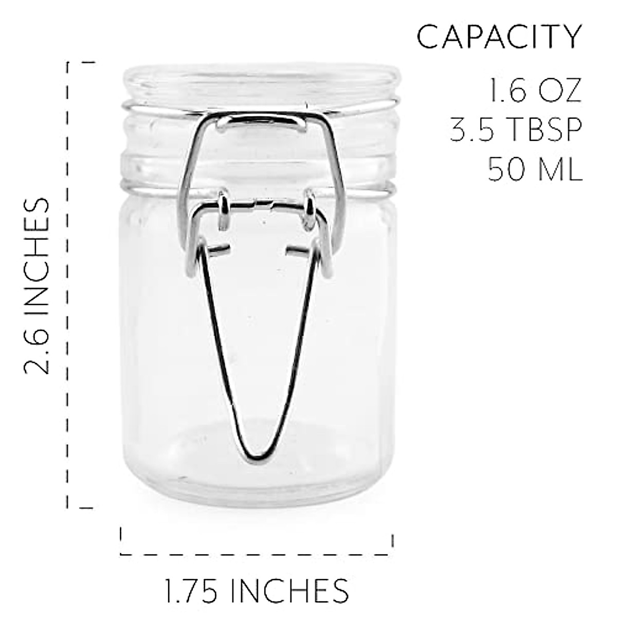 Cornucopia 1.6-Ounce Herb Storage Mini Herb Jars w/Clamp Style Rubber Gasket Seal (12-Pack); 50ml Airtight Odor-Proof Vials w/Hermes Clamp Top Hinge